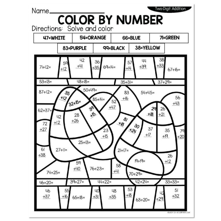 2-Digit Addition Fall Color by Number - Candy Corn - Lucky Little Learners