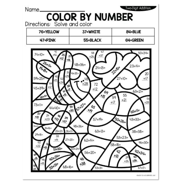 2-Digit Addition Spring Color by Number - Bee - Lucky Little Learners