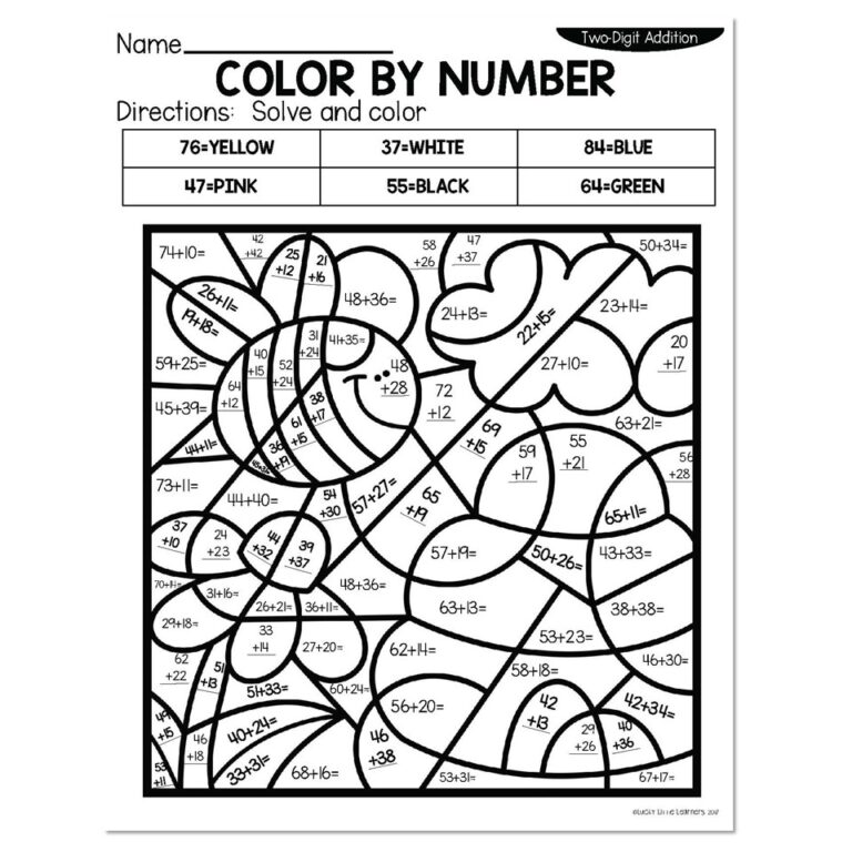 2-Digit Addition Spring Color by Number - Bee - Lucky Little Learners