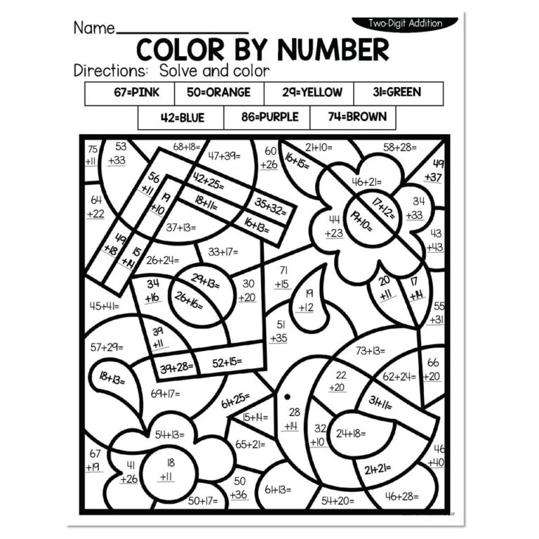 2-Digit Addition Spring Color by Number - Bird House - Lucky Little ...