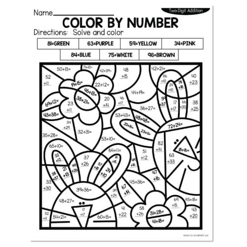 2-Digit Addition Spring Color by Number - Bunnies - Lucky Little Learners