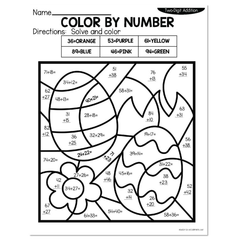 2-Digit Addition Spring Color by Number - Easter Eggs - Lucky Little ...