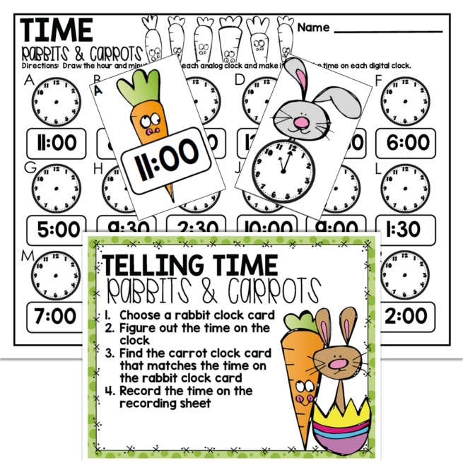 1st Grade April Math Center - Telling Time - Lucky Little Learners