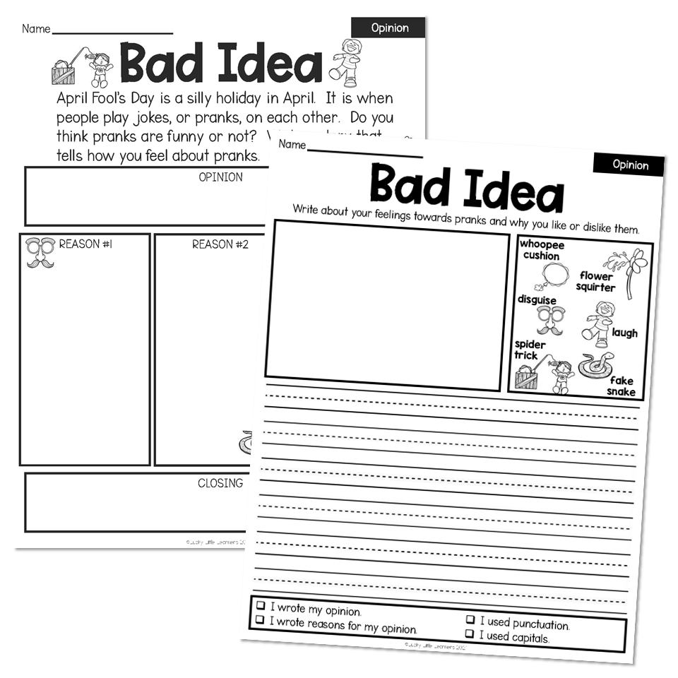 1st Grade April Writing Pages - Opinion - Bad Idea - Lucky Little Learners