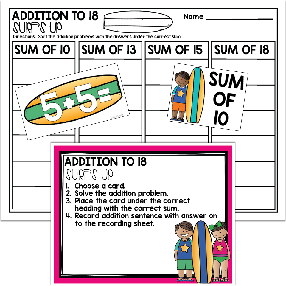 1st Grade June Math Center - Addition to 18 - Lucky Little Learners