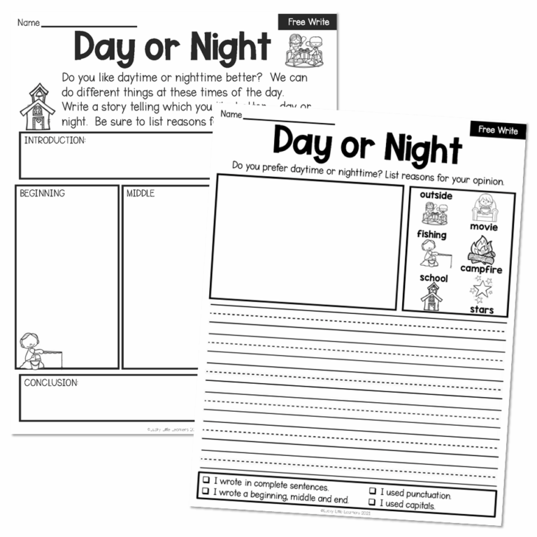 1st Grade March Writing Pages - Free Write - Day or Night - Lucky ...