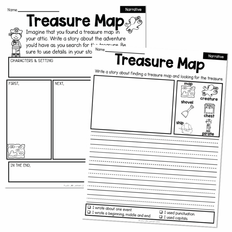1st Grade March Writing Pages - Narrative - Treasure Map - Lucky Little ...
