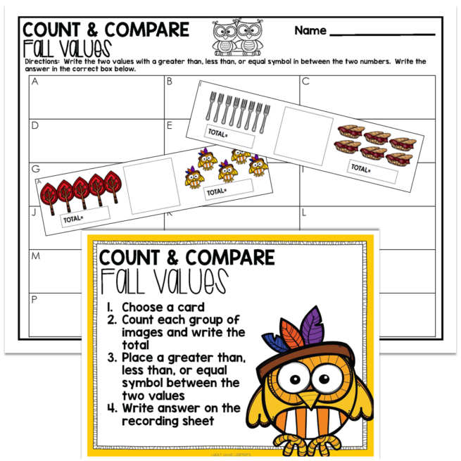 1st Grade November Math Center - Count & Compare - Lucky Little Learners