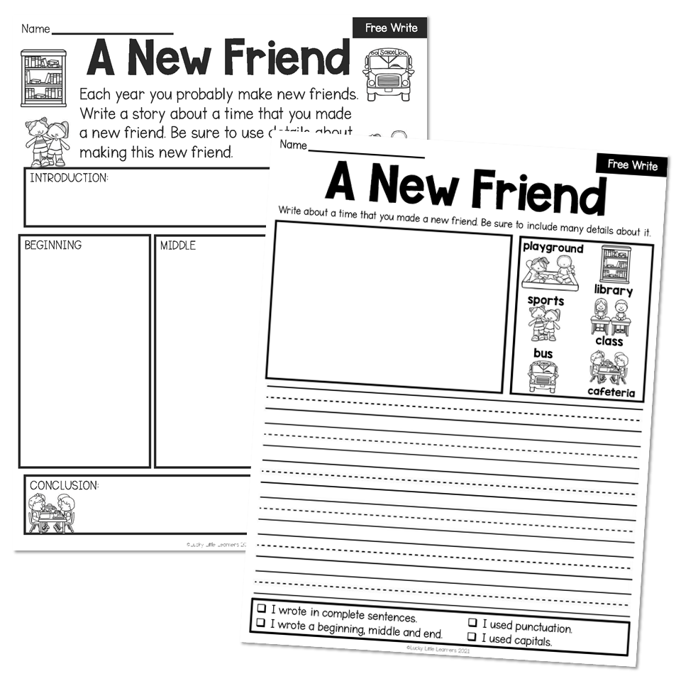 1st Grade September Writing Pages - Free Write - A New Friend - Lucky ...