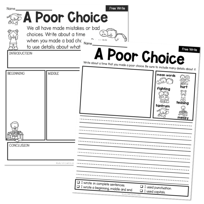 1st Grade September Writing Pages - Free Write - A Poor Choice - Lucky ...