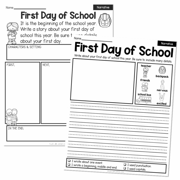 1st Grade September Writing Pages - Narrative - First Day of School ...