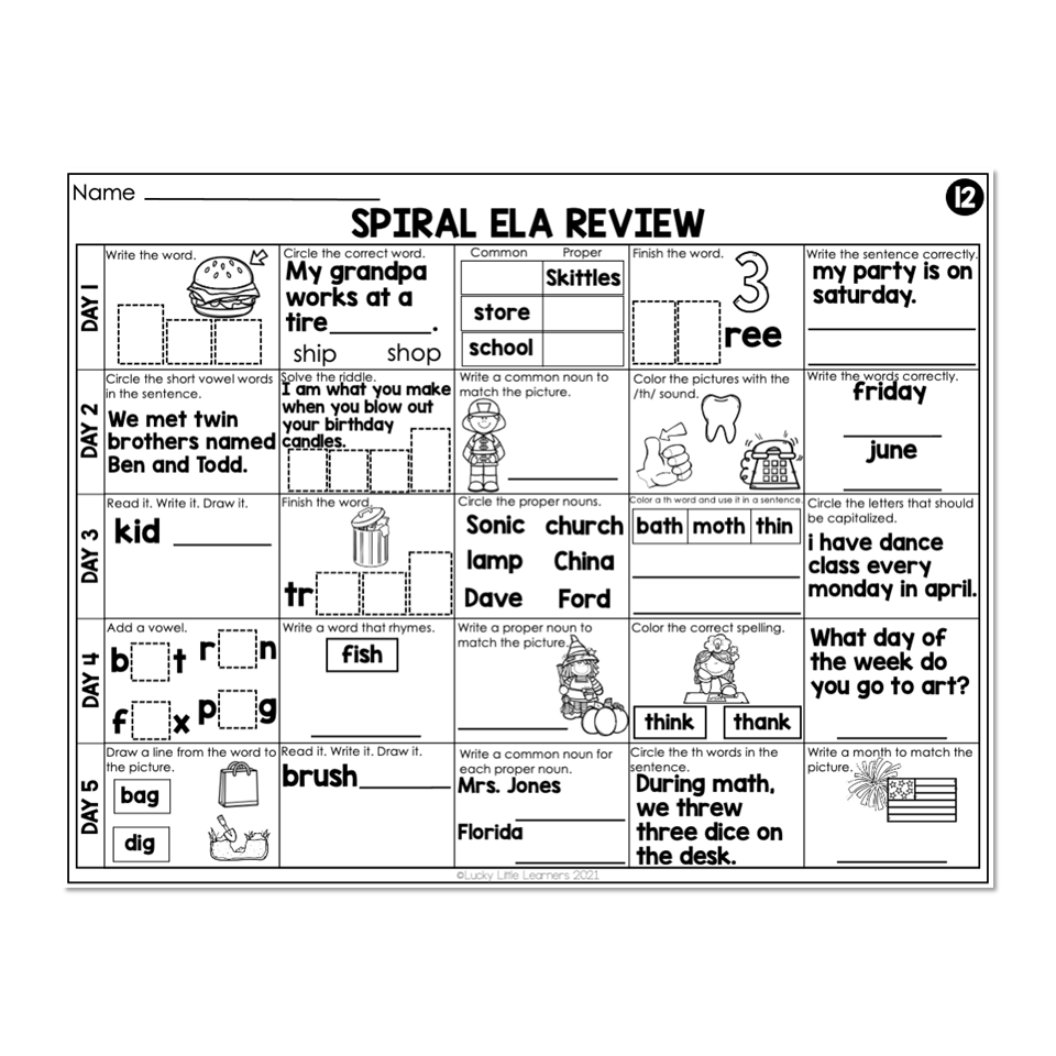 1st Grade Spiral ELA Week 12 Lucky Little Learners