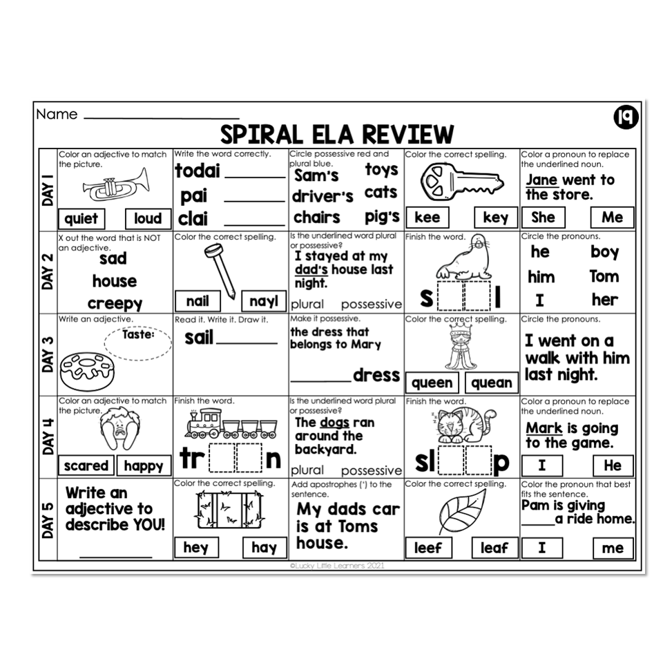 1st Grade Spiral ELA - Week 19 - Lucky Little Learners