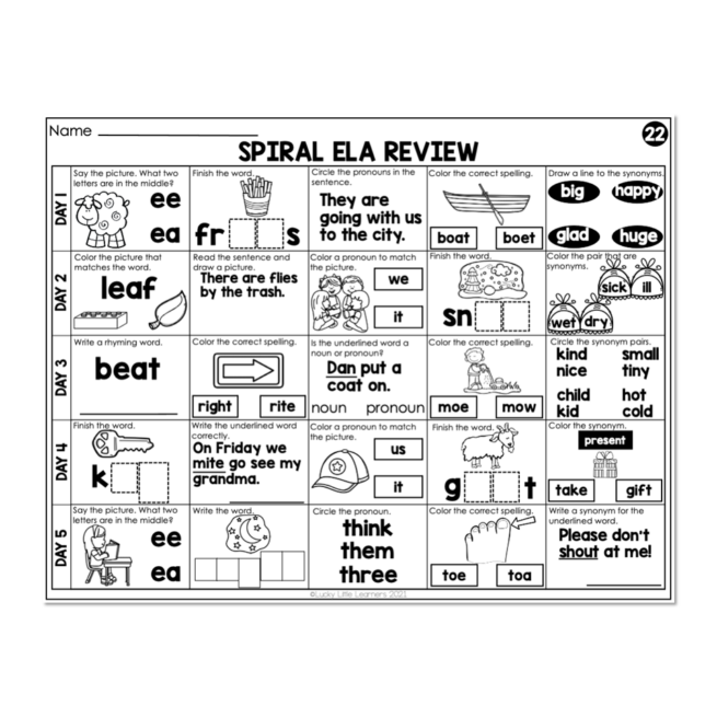 1st Grade Spiral ELA - Week 22 - Lucky Little Learners