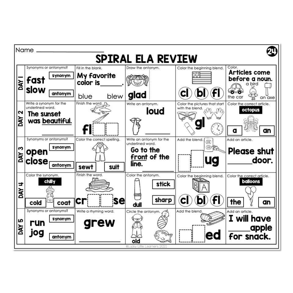 1st Grade Spiral ELA - Week 24 - Lucky Little Learners