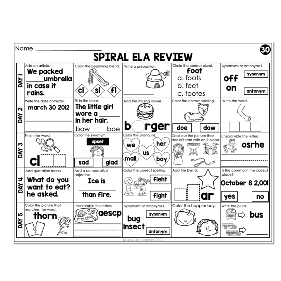 1st Grade Spiral ELA - Week 30 - Lucky Little Learners