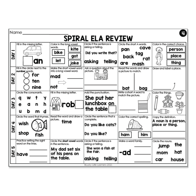 1st Grade Spiral ELA - Week 4 - Lucky Little Learners