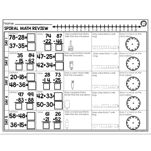 1st Grade Spiral Math - Week 18 - Above - Lucky Little Learners