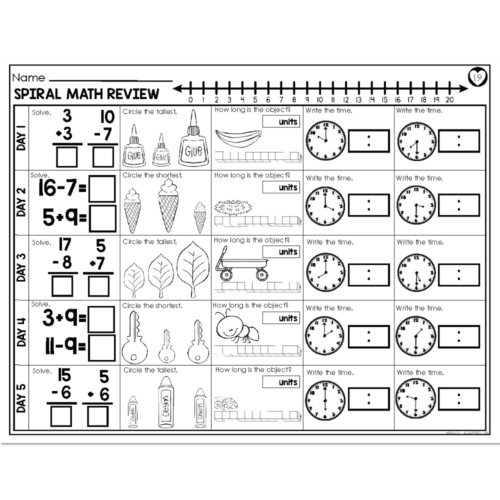 1st Grade Spiral Math - Week 19 - At - Lucky Little Learners