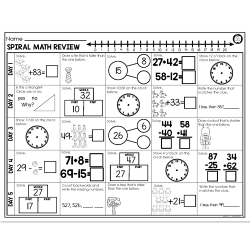 1st Grade Spiral Math - Week 20 - Above - Lucky Little Learners