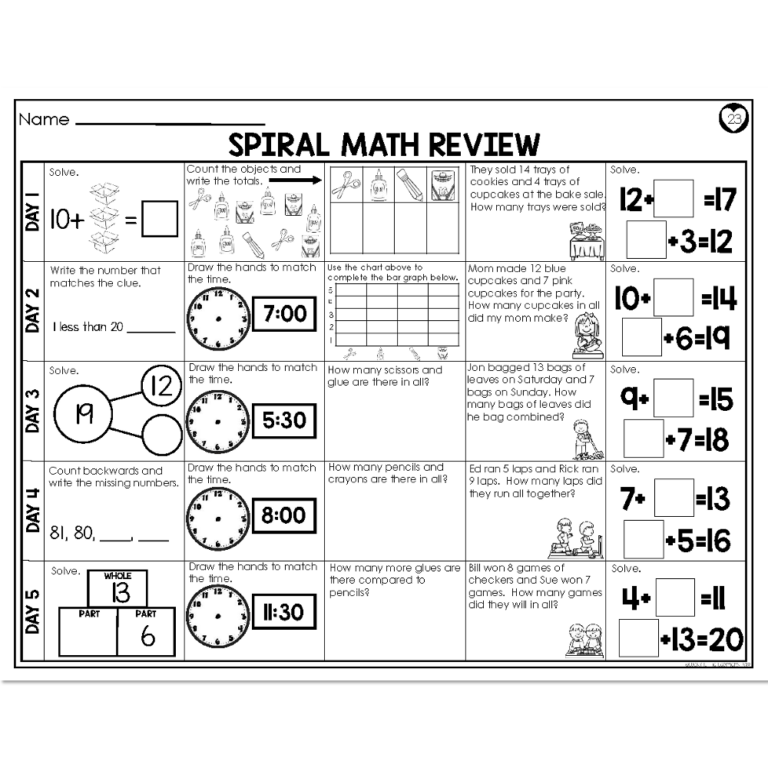 1st Grade Spiral Math - Week 23 - At - Lucky Little Learners