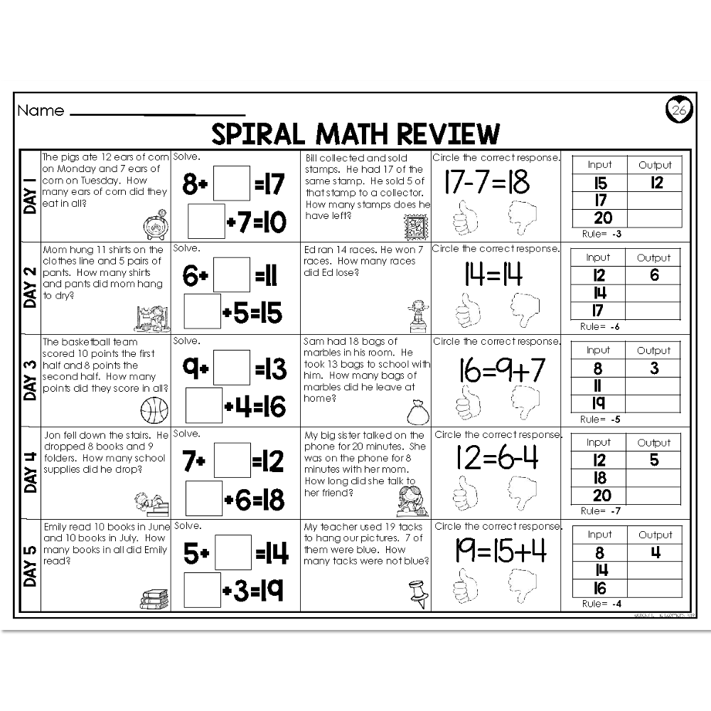 1st Grade Spiral Math - Week 26 - At - Lucky Little Learners
