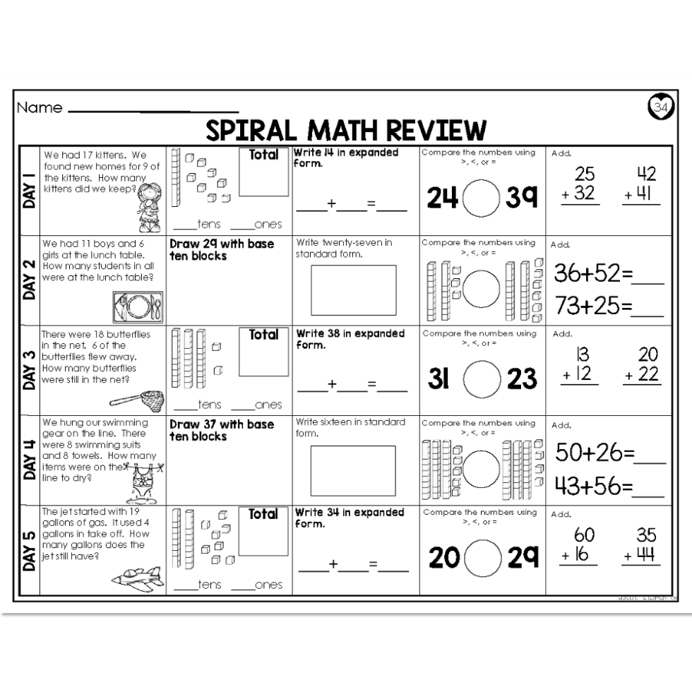 1st Grade Spiral Math - Week 34 - At - Lucky Little Learners