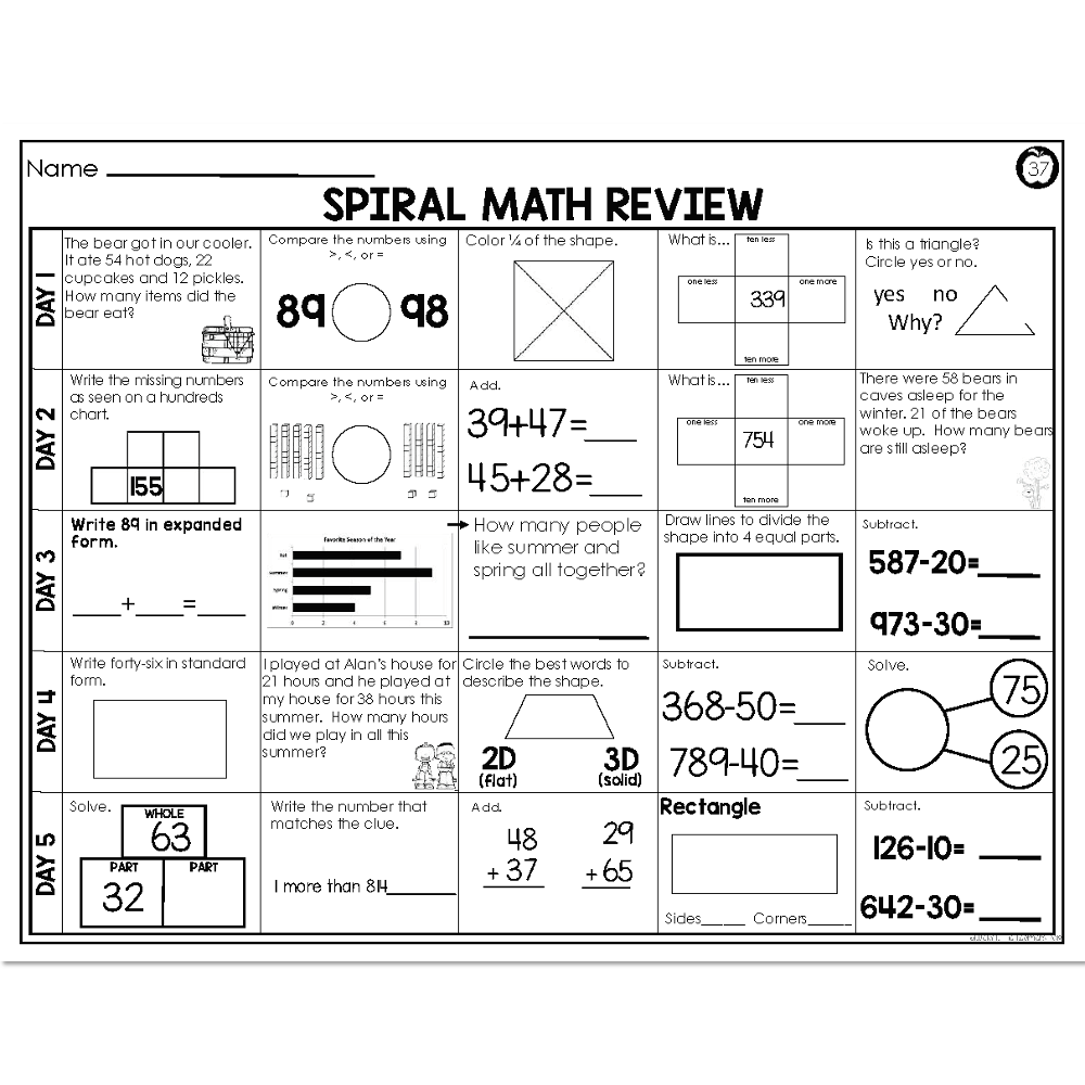 1st Grade Spiral Math - Week 37 - Above - Lucky Little Learners