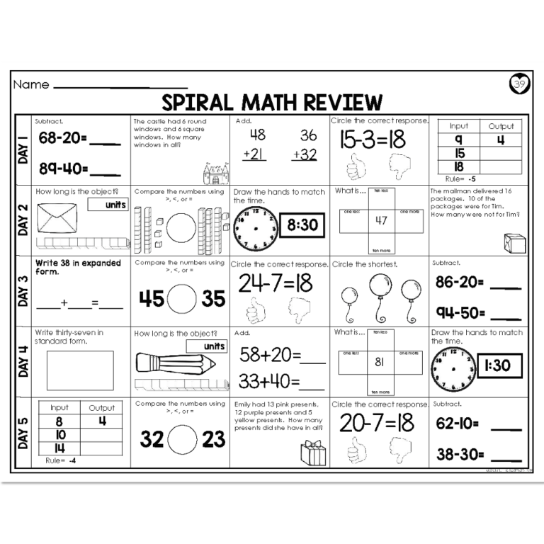 1st Grade Spiral Math - Week 39 - At - Lucky Little Learners