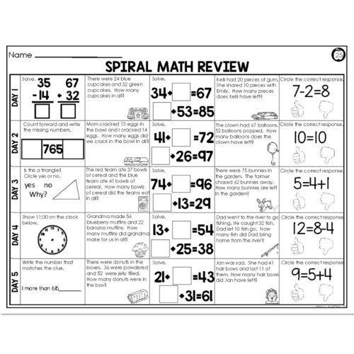 1st Grade Spiral Math - Week 25 - Above - Lucky Little Learners