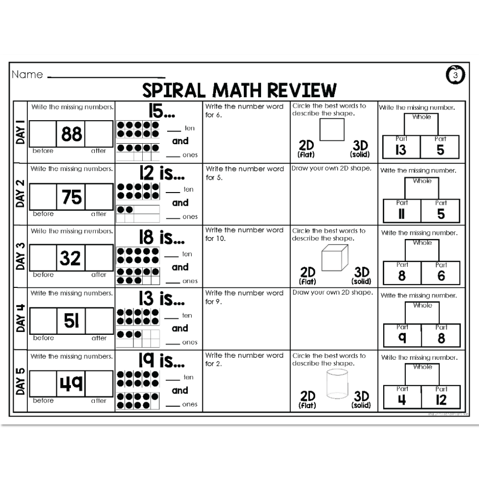 1st Grade Spiral Math - Week 3 - Above - Lucky Little Learners