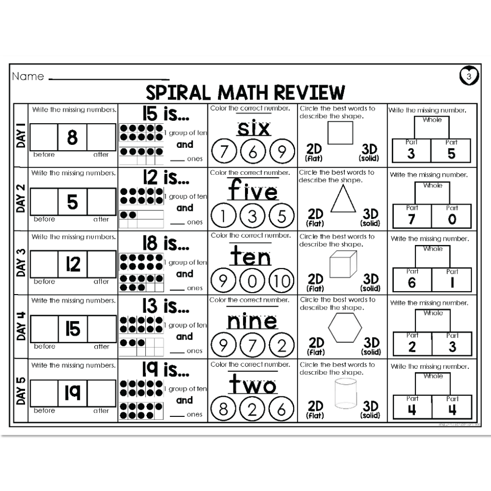 1st Grade Spiral Math - Week 3 - At - Lucky Little Learners