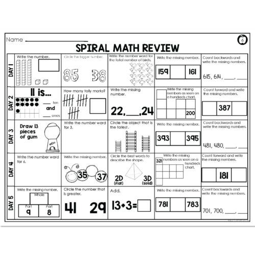 1st Grade Spiral Math - Week 6 - Above - Lucky Little Learners