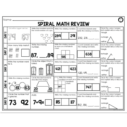 1st Grade Spiral Math - Week 7 - Above - Lucky Little Learners