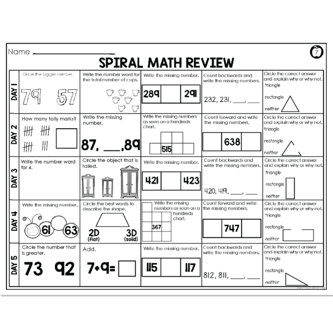 1st Grade Spiral Math - Week 7 - Above - Lucky Little Learners