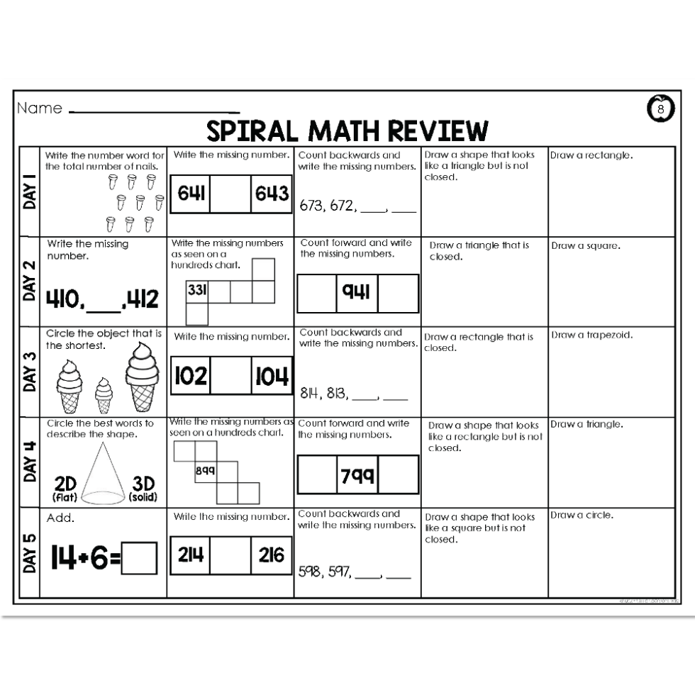 1st Grade Spiral Math - Week 8 - Above - Lucky Little Learners