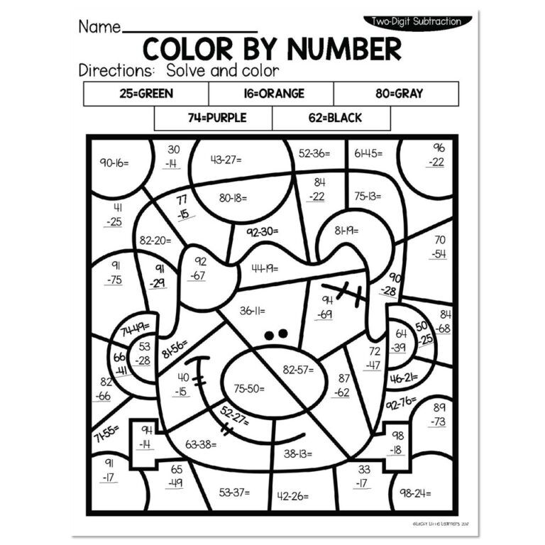 2-Digit Subtraction Fall Color by Number - Frankenstein - Lucky Little ...