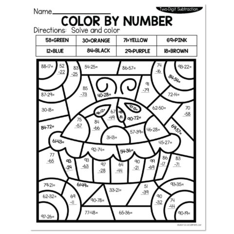 2-Digit Subtraction Fall Color by Number - Pie - Lucky Little Learners
