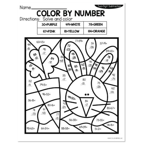 2-Digit Subtraction Spring Color by Number - Bunny & Carrot - Lucky ...