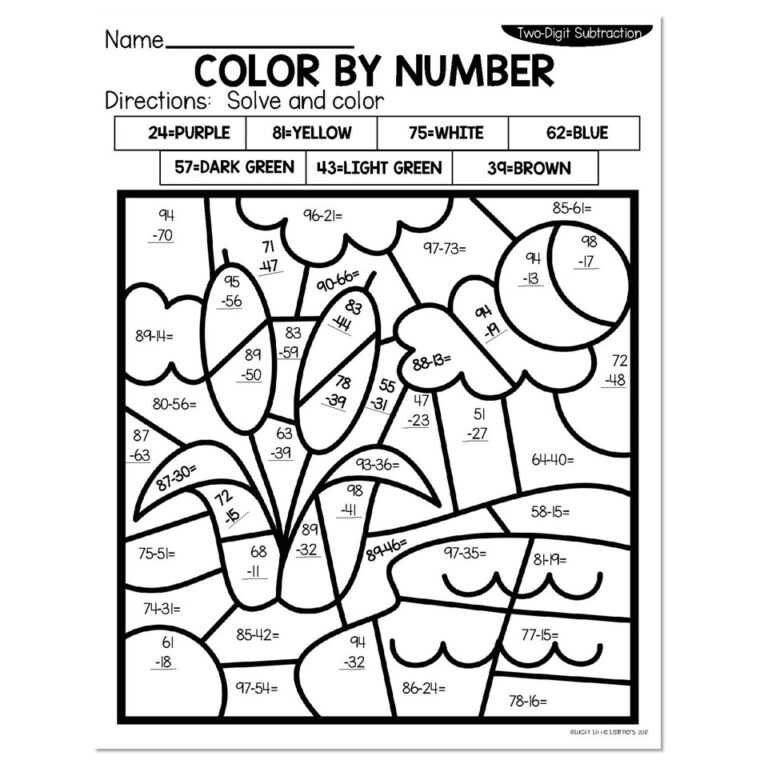 2-Digit Subtraction Summer Color by Number - Cattails & Pond - Lucky ...