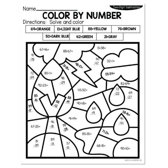 2-Digit Subtraction Summer Color by Number - Storm - Lucky Little Learners