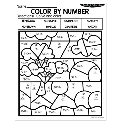 2-Digit Subtraction Summer Color by Number - Tree & Sunset - Lucky ...