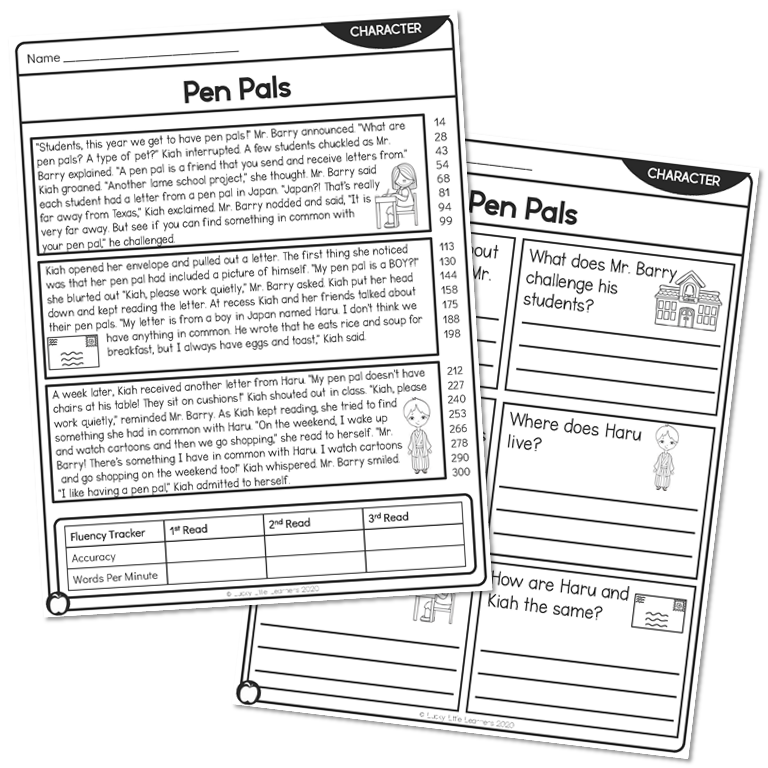 2nd Grade Character Reading Passage - Pen Pals - Above - Lucky Little ...