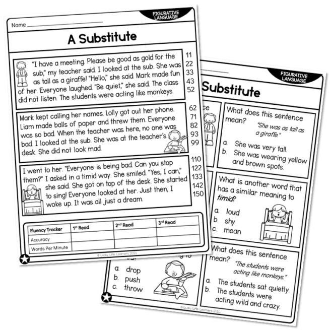 2nd Grade Figurative Language Reading Passage - A Substitute - Below ...
