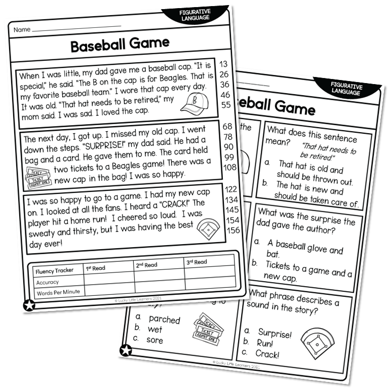 2nd Grade Figurative Language Reading Passage - Baseball Game - Below ...