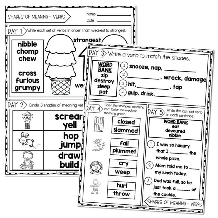 2nd Grade Grammar Worksheets - Shades of Meaning - verbs - Lucky Little ...