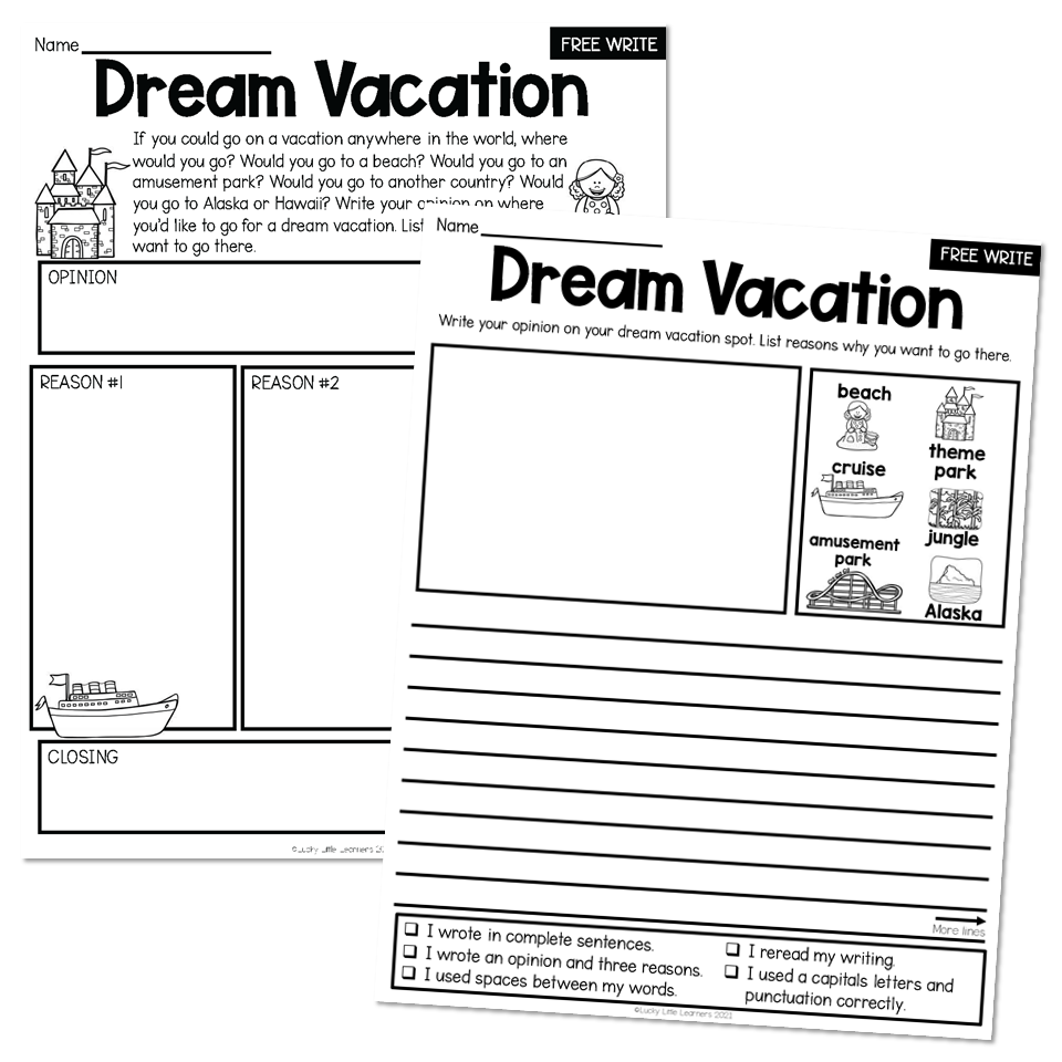 2nd Grade January Writing Pages - Free Write - Dream Vacation - Lucky ...