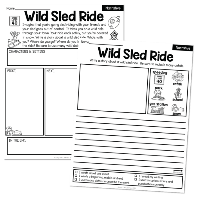 2nd Grade January Writing Pages - Narrative - Wild Sled Ride - Lucky ...