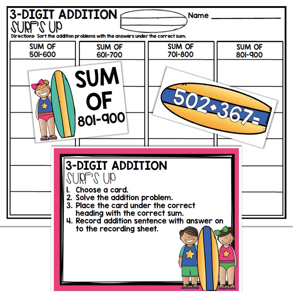 2nd Grade June Math Center - 3 Digit Addition - Lucky Little Learners