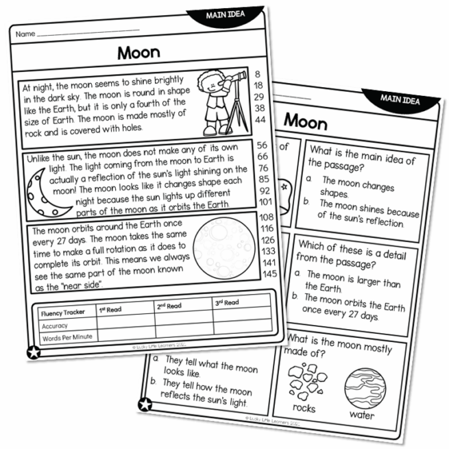 2nd Grade Main Idea Reading Passage - Moon - Below - Lucky Little Learners